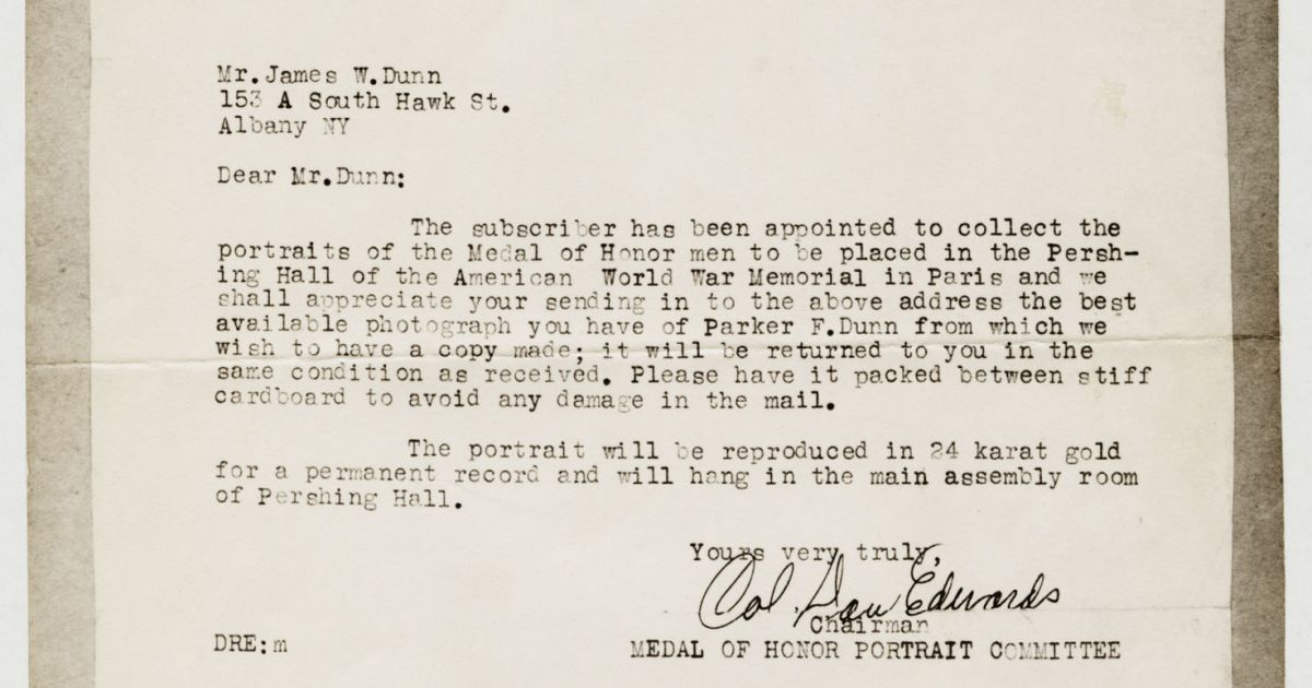 Parker F. Dunn Scrapbook: Letter Referring to Medal of Honor